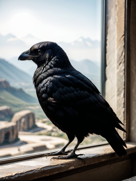 Premium Free ai Images | black crow posing on window behind it rocky ...