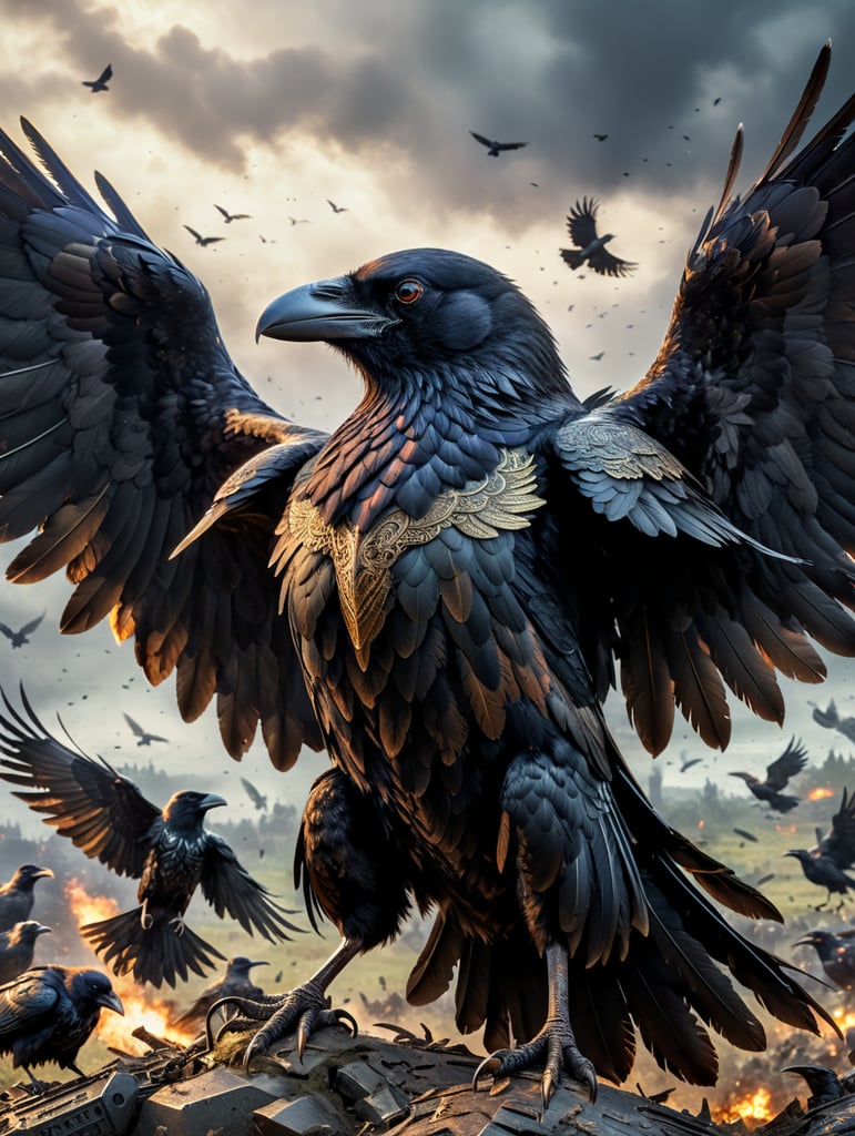 Premium Free ai Images | raven with wings expanded in battle field