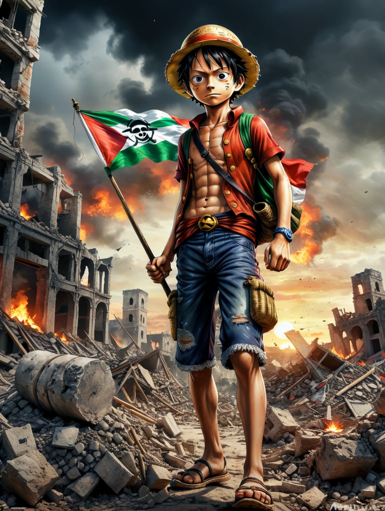 Premium Free ai Images | one piece luffy young carrying palestine flag ...
