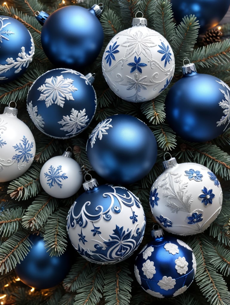 Premium Free ai Images | blue and white christmas balls of different ...