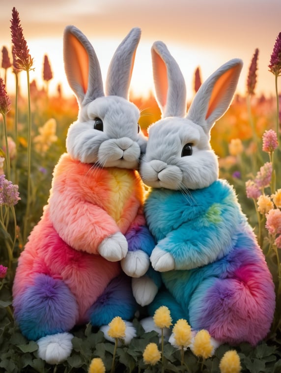 Premium Free ai Images | two tie dye rainbow fur bunnies cuddling in ...