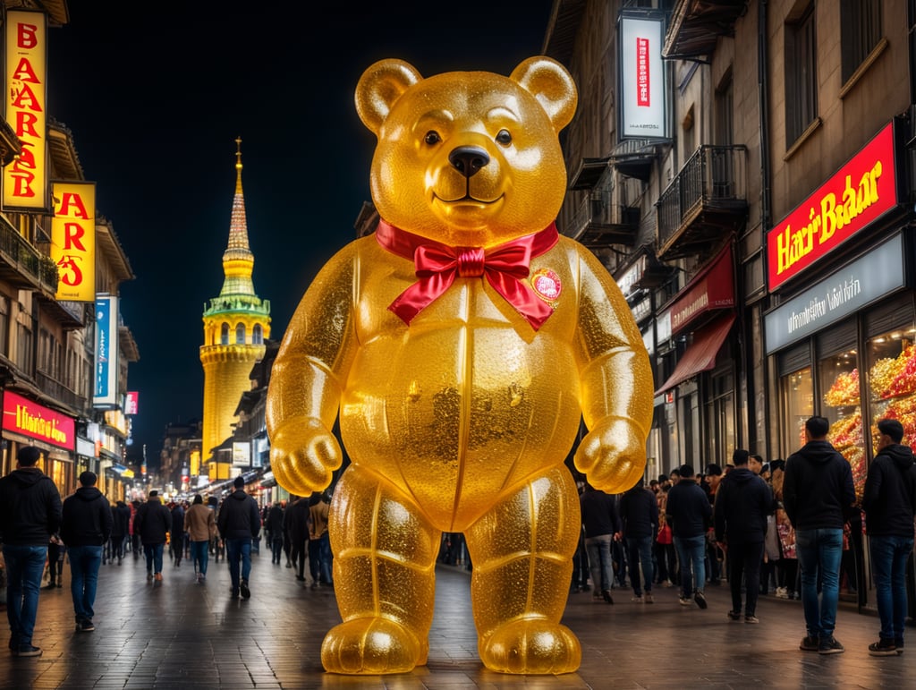 Premium Free ai Images | giant haribo gold bear tall walking through ...