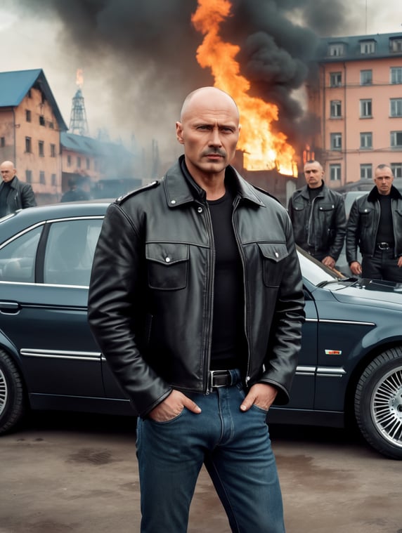 Premium Free ai Images | book cover about russia bald man in leather ...