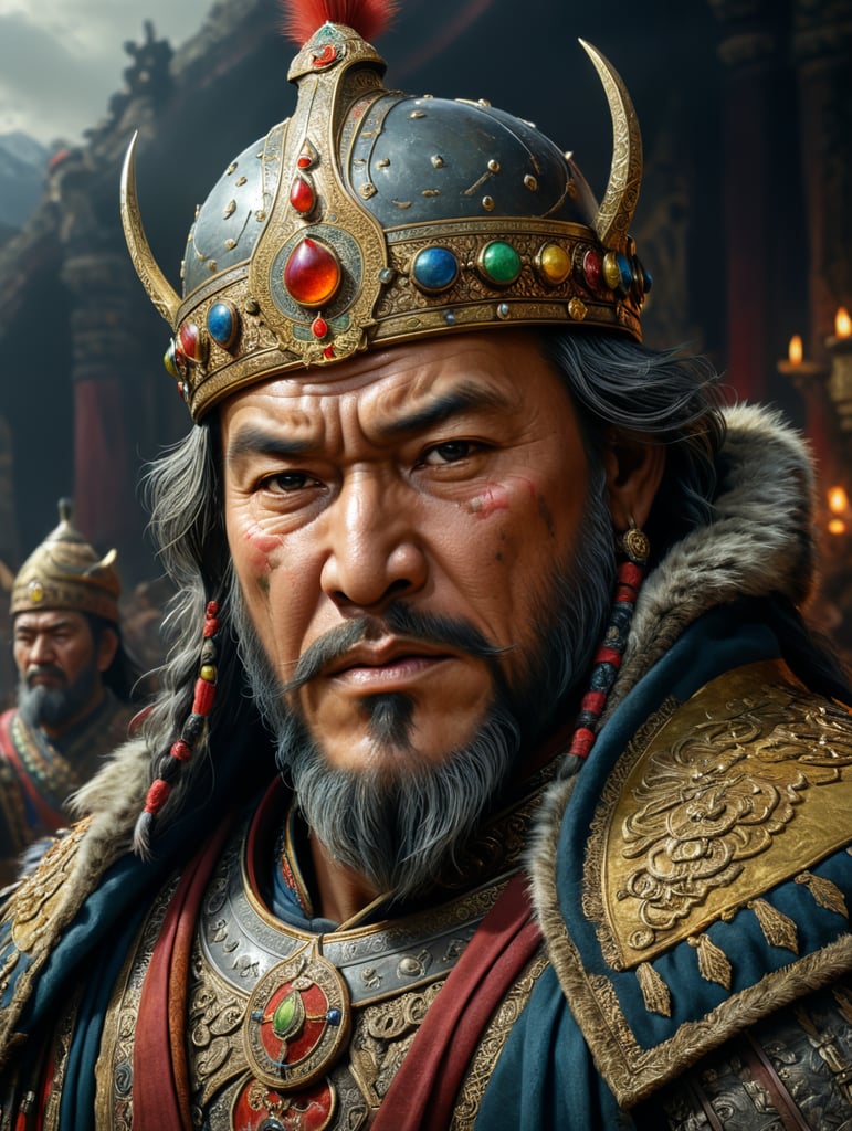 Premium Free ai Images | realistic portrait of gengis khan with all of ...