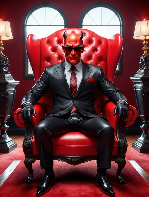 Premium Free ai Images | sleek looking red devil sitting on tufted red ...