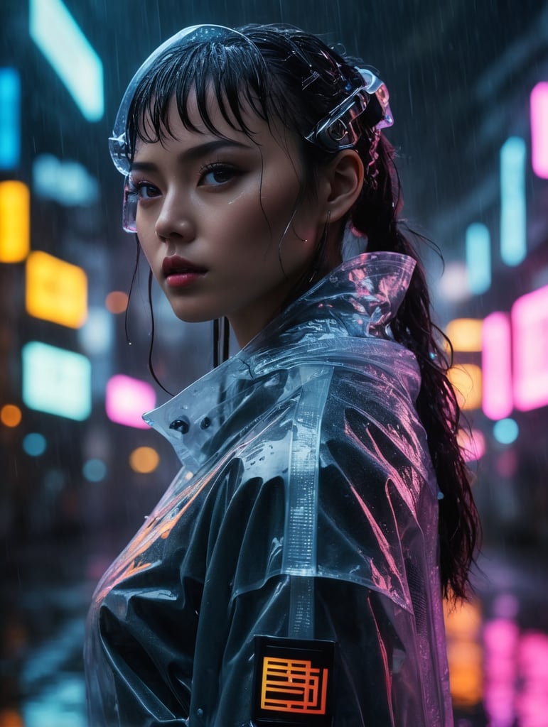 Premium Free ai Images | cyborg girl wearing transparent raincoat ...
