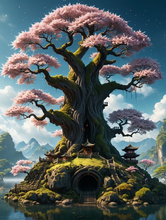 Premium Free ai Images | scenic ancient sakura tree in floating island ...