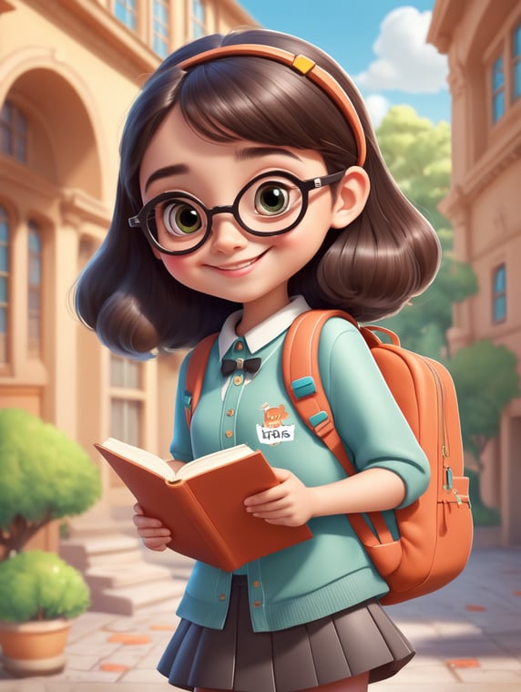 Premium Free ai Images | girl at school with book smiling funny big ...