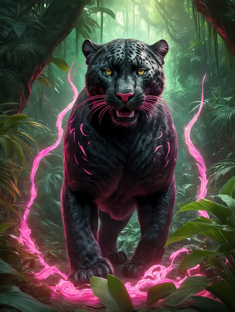 Premium Free ai Images | furry cute panther surrounded by neon pink ...