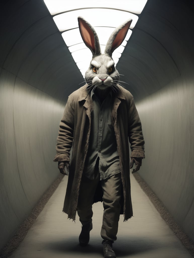 Premium Free ai Images | scary bunny man is in tunnel he has old ...