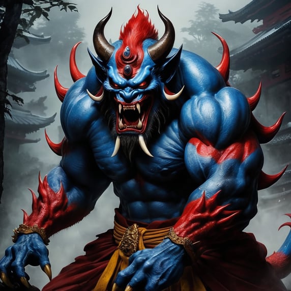Premium Free ai Images | japanese demon typically depicted as red blue ...
