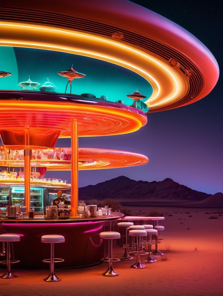 Premium Free ai Images | futuristic ufo cafe desert an night neon glass