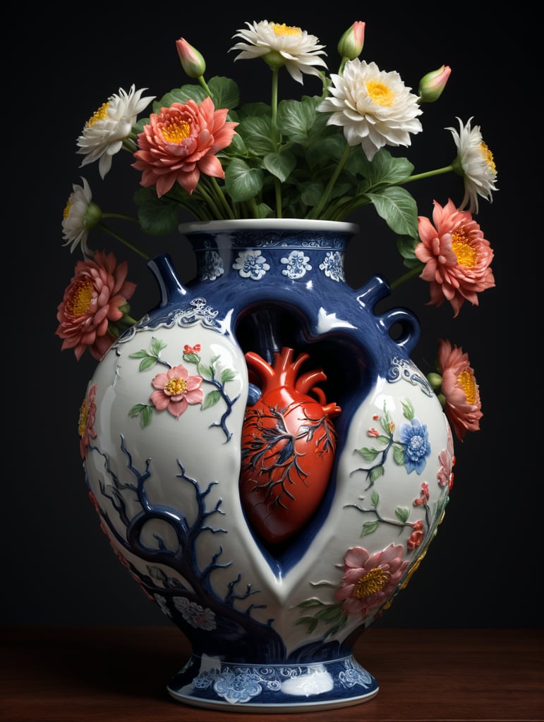 Premium Free ai Images | chinese porcelain human heart vase with flower