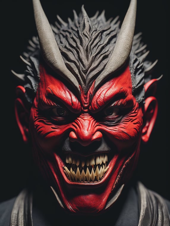 Premium Free ai Images | wooden red japanese demon mask with fangs and ...