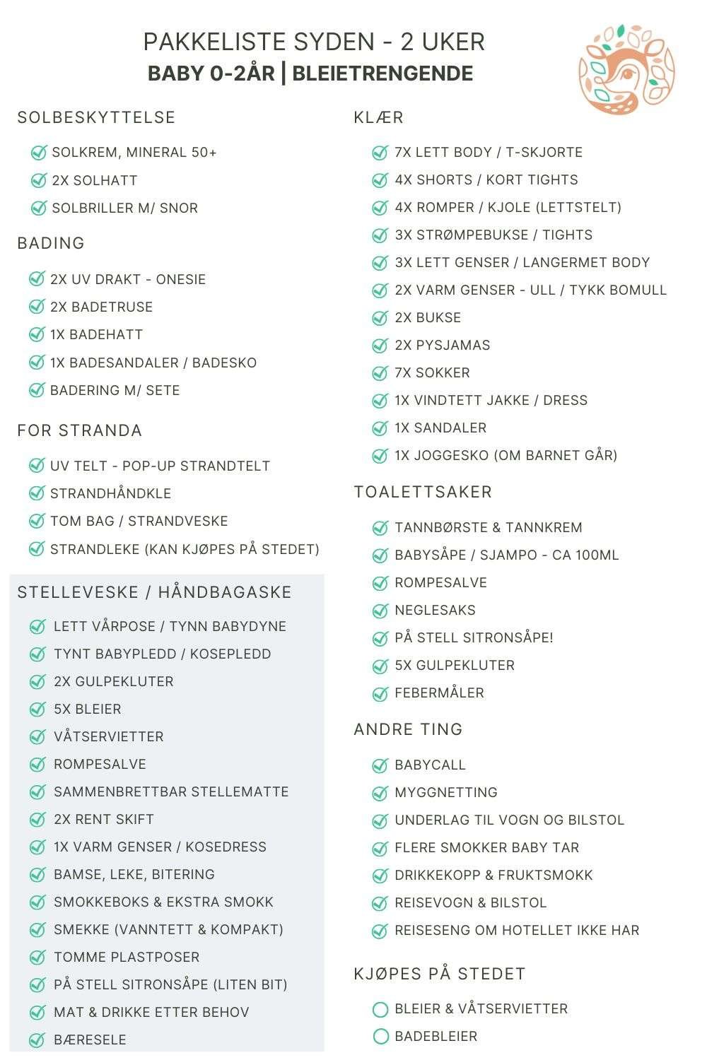 Pakkeliste for Syden med Baby & Barn | OhDearBaby.no