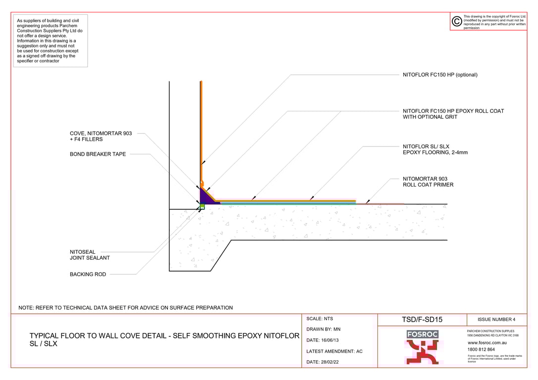 TSD-F-SD15 - TYPICAL FLOOR TO WALL COVE DETAIL - SELF SMOOTHING EPOXY ...