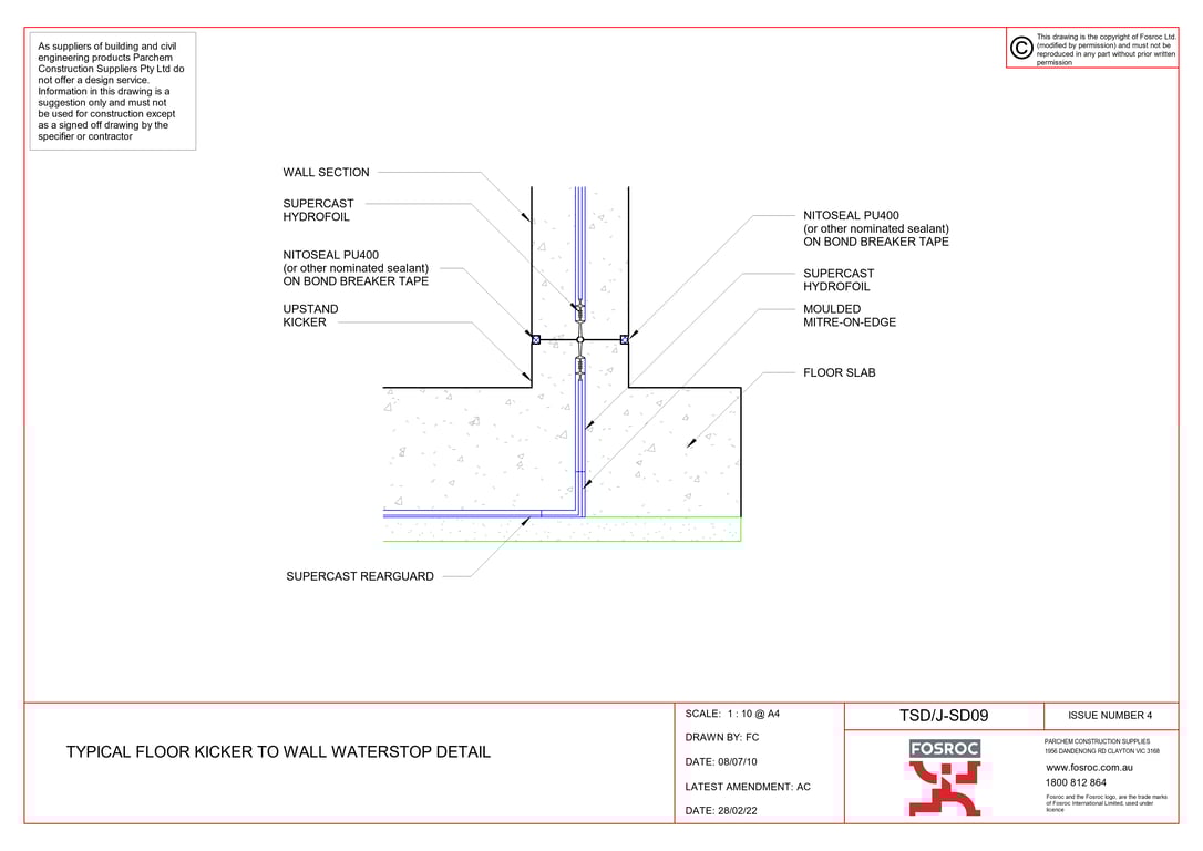 TSD-J-SD09 - TYPICAL FLOOR KICKER TO WALL WATERSTOP DETAIL - BIMcontent.com