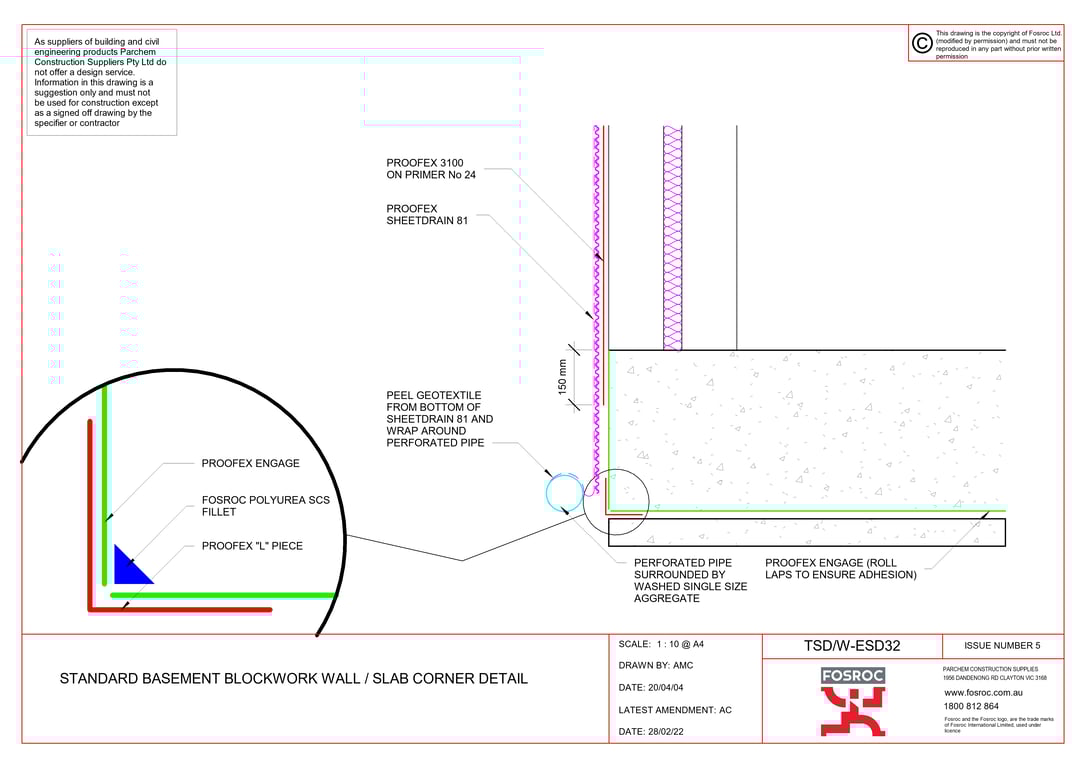TSD-W-ESD32 - STANDARD BASEMENT BLOCKWORK WALL - SLAB CORNER DETAIL ...