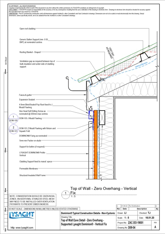 D09-04 - Top of Wall Eave Detail - Zero Overhang - Supported Lysaght ...