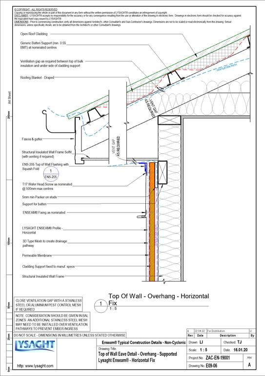 E09-06 - Top of Wall Eave Detail - Overhang - Supported Lysaght Enseam ...