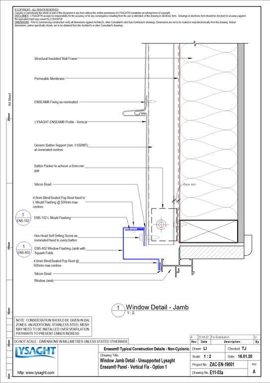 E11-03a - Window Jamb Detail - Unsupported Lysaght Enseam® Panel ...