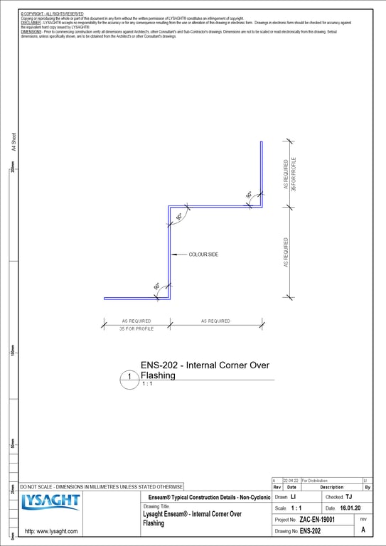 ENS-202 - Lysaght Enseam® - Internal Corner Over Flashing - BIMcontent.com