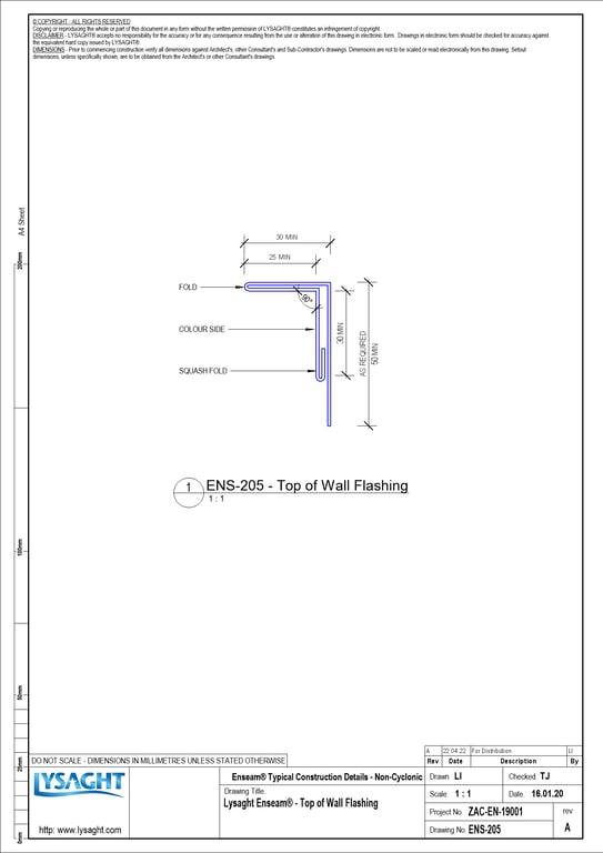 ENS-205 - Lysaght Enseam® - Top of Wall Flashing - BIMcontent.com