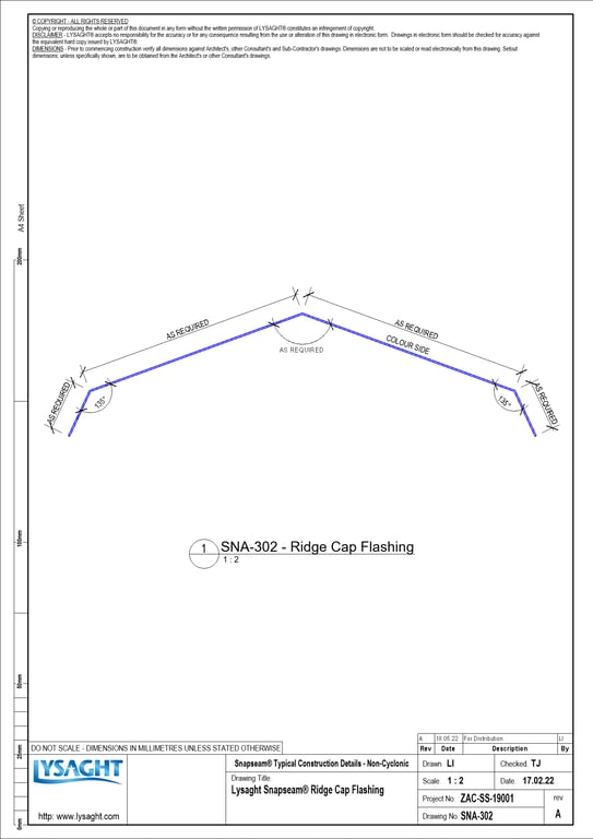 SNA-302 - Lysaght Snapseam® Ridge Cap Flashing - BIMcontent.com