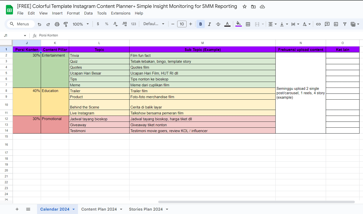 FREE Colorful Template Instagram Content Planner + Simple Insight Monitoring for SMM Reporting ...