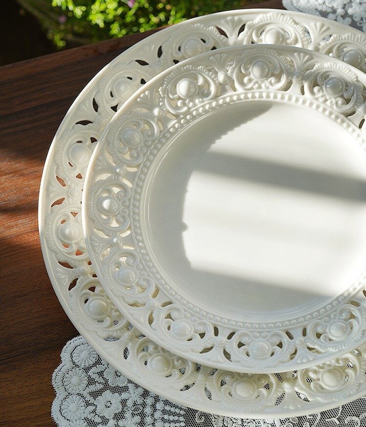 White Porcelain Plate with Embossed Baroque Details | Aesthetic Decor Shop