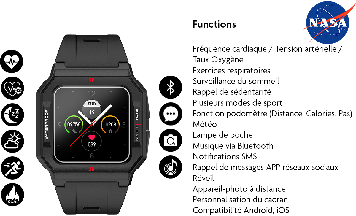 NASA Montre Connectée; Smartwatch; Sport; IP67; Santé; Images de l ...