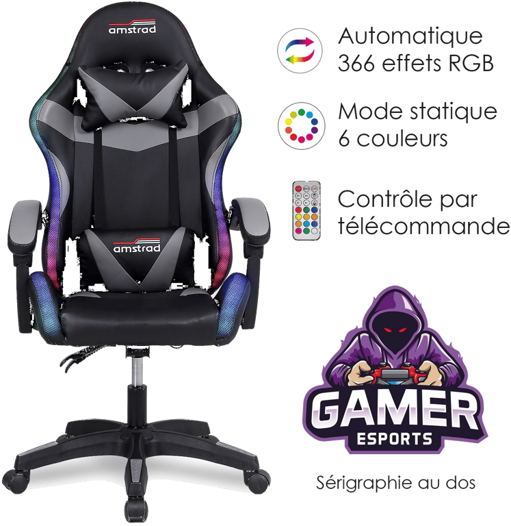Amstrad AMS-900-LED-GAMER - Fauteuil gaming noir et gris - Serigraphie ...