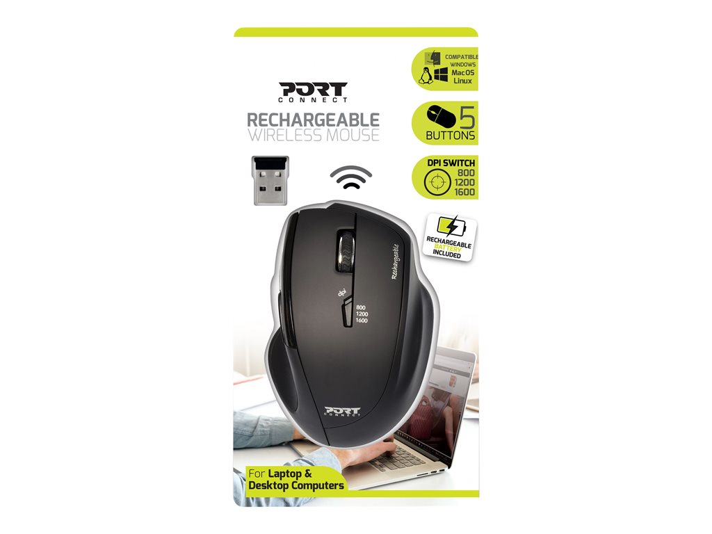 Port Connect Souris sans fil rechargeable 5 boutons 2.4 Ghz Design ...