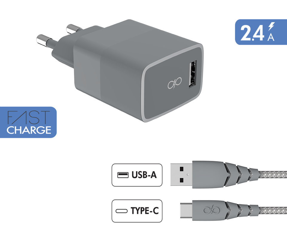 Chargeur maison 3A IC Smart Garanti à vie + Câble USB A/USB C Gris ...