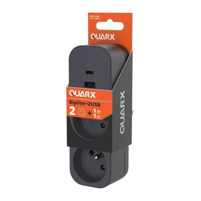 Adaptateur mural QUARX Biplite 2P+T 16A 2 prises + USB?A et USB?C 3,4A ...