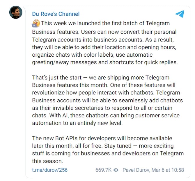 Telegram Business chega ao Brasil com recursos para empresas