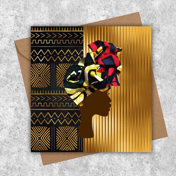 Pack of 4 or 6 gold black mudcloth headwrap printed cards | Wakuda