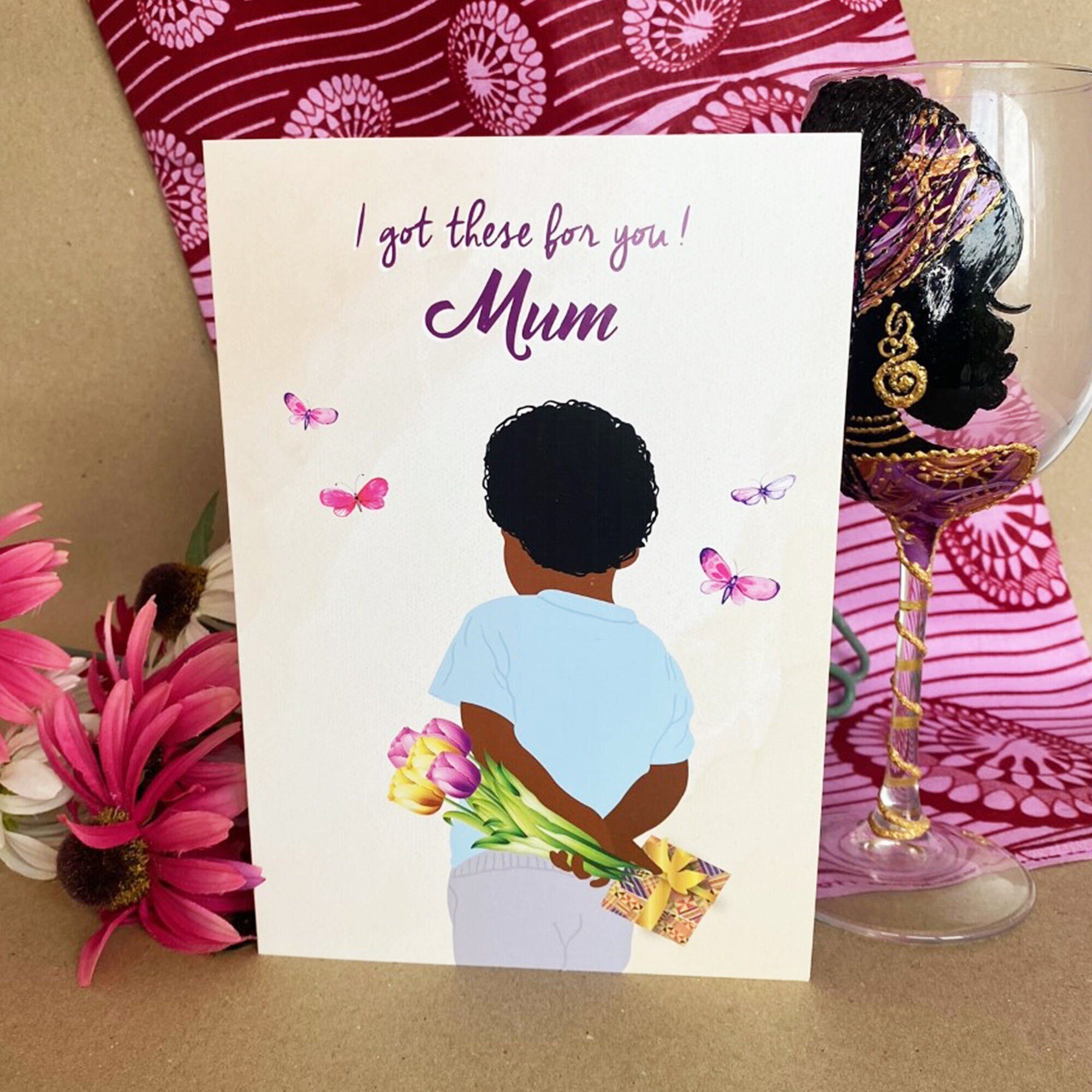 Black Mother's Day Card | Boy holding flowers | Wakuda