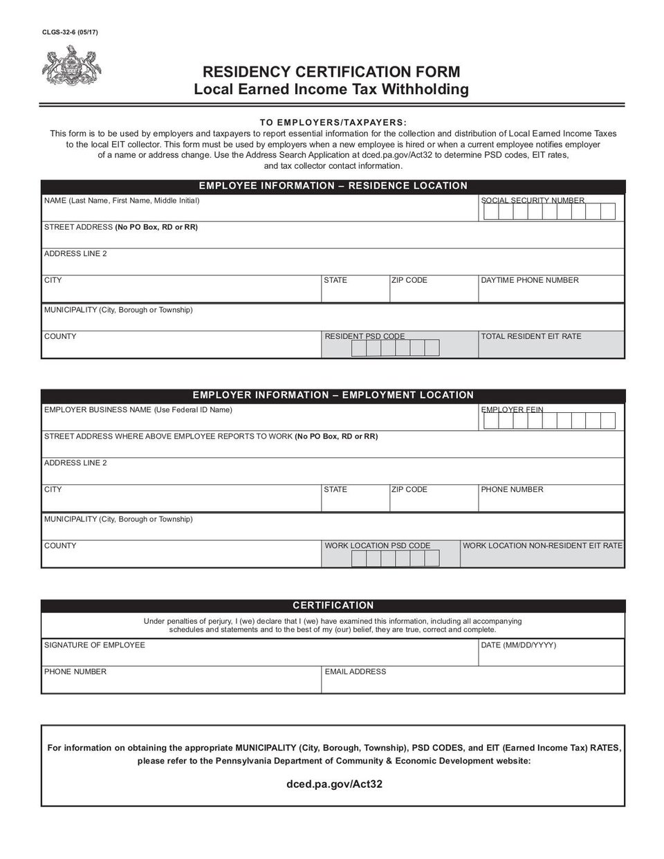 Residency Certification Form for Local Earned Income Tax Withholding ...
