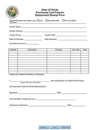 State of Florida Purchasing Card Program Replacement Receipt Form ...
