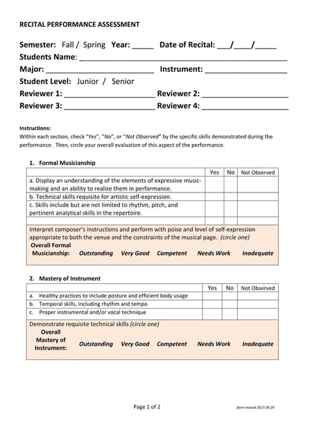University of the Pacific Recital Performance Assessment | Fill and ...