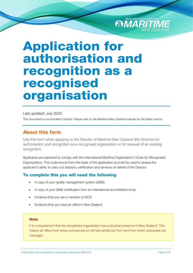 Application Form for Authorisation and Recognition as a Recognised ...