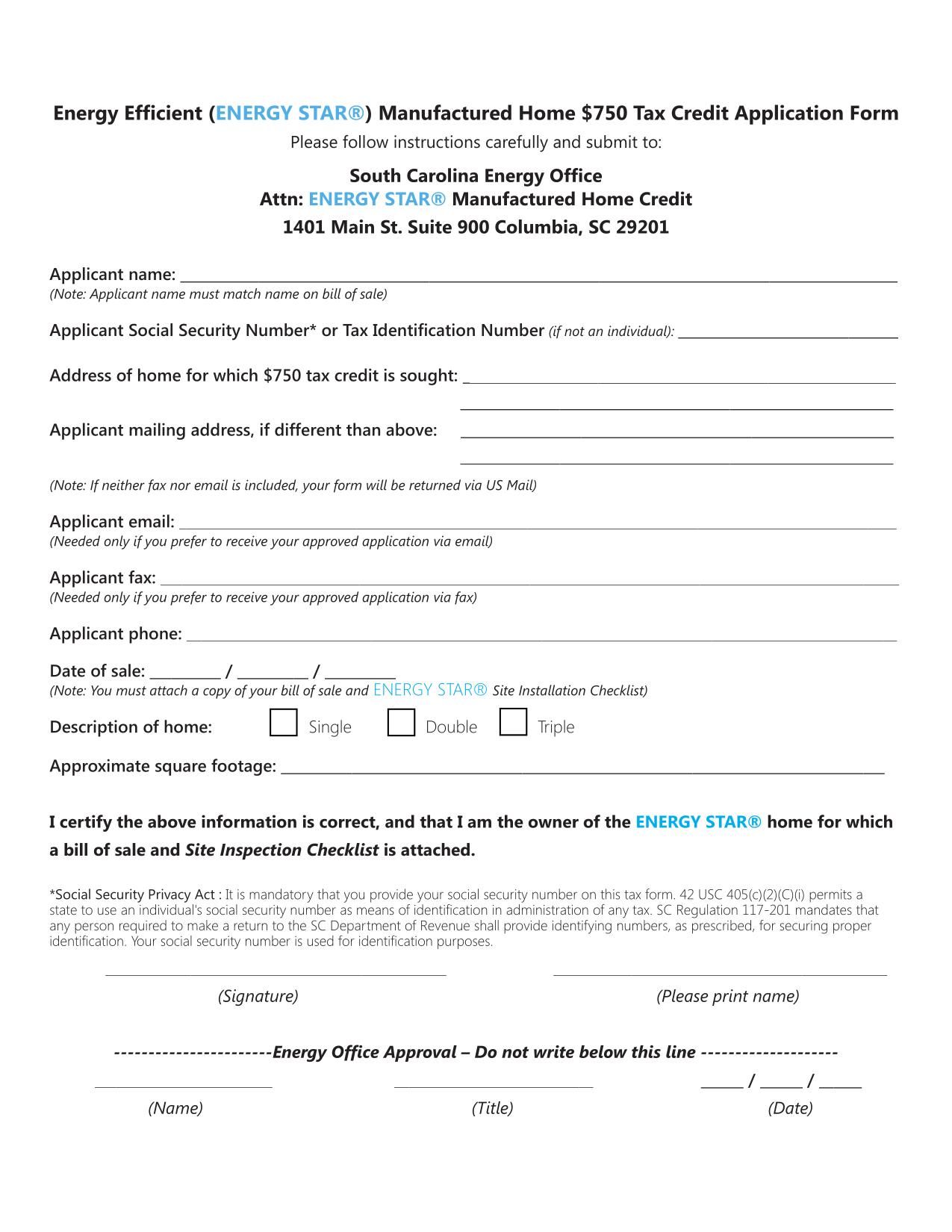 South Carolina Energy Efficient Manufactured Home $750 Tax Credit ...