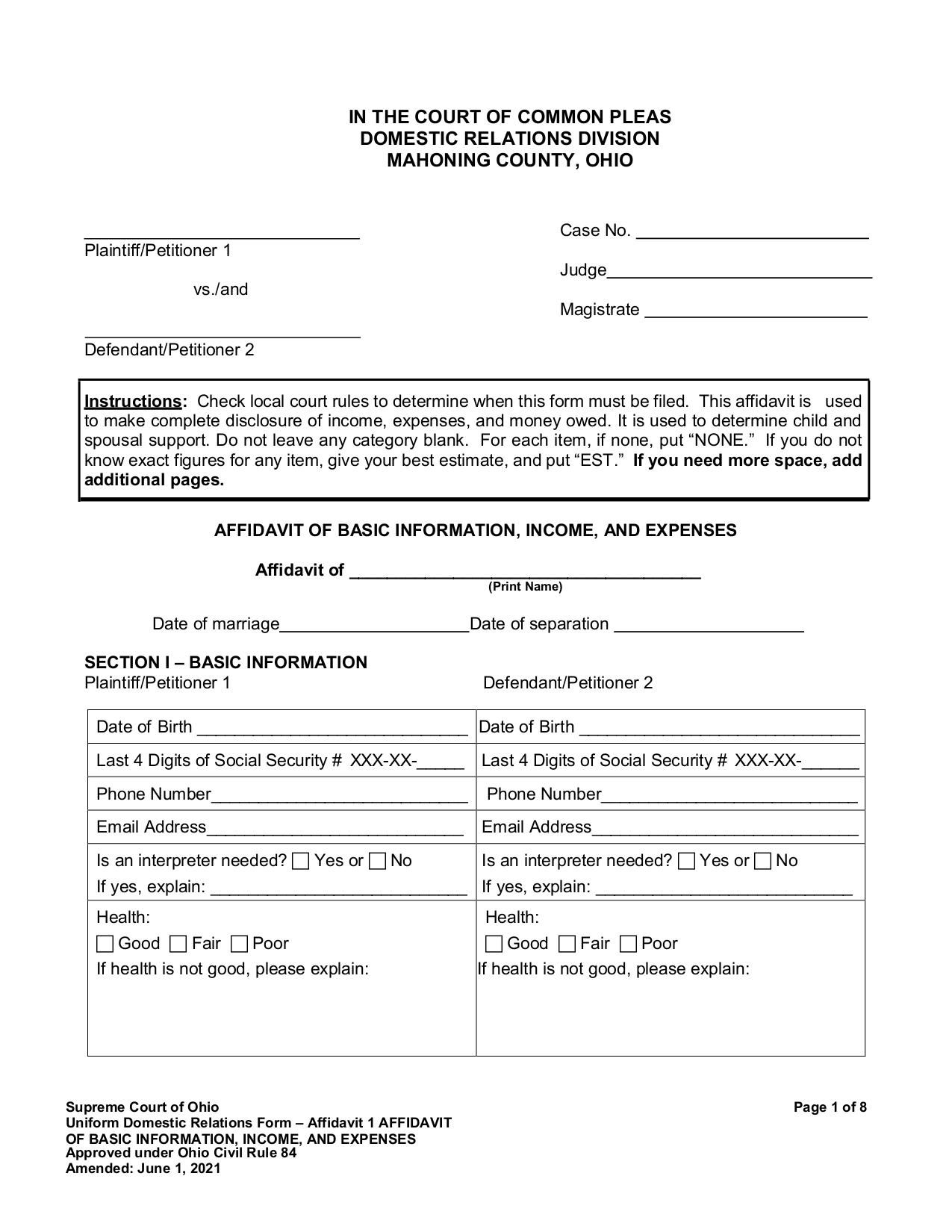 Affidavit 1 of Basic Information, Income, and Expenses | Fill and sign ...