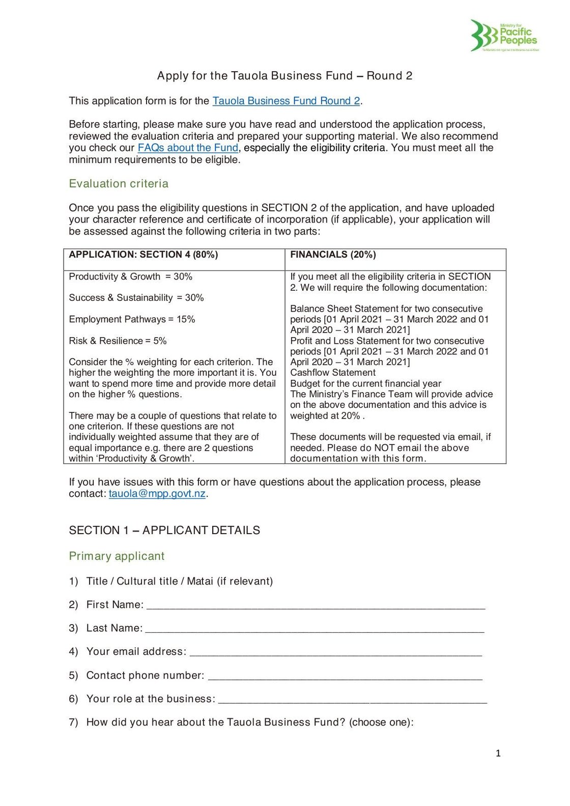Application Form for Tauola Business Fund Round 2 | Fill and sign ...