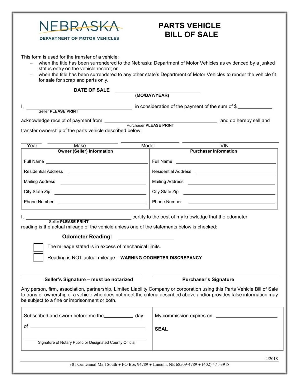 Nebraska Parts Vehicle Bill of Sale | Fill and sign with Lumin