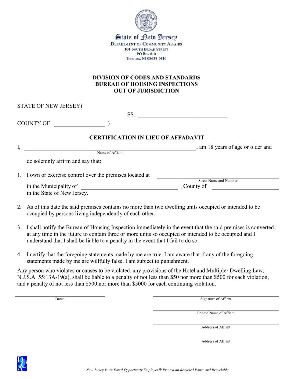 New Jersey Certification in Lieu of Affidavit | Fill and sign with Lumin