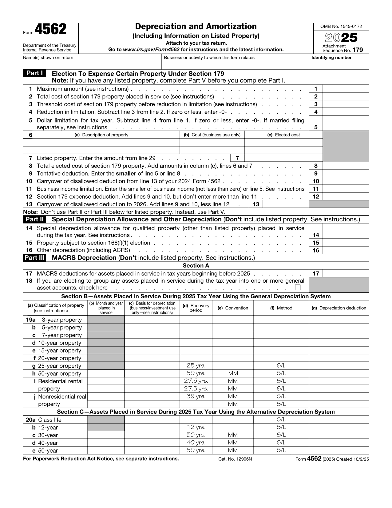 Form 4562 Depreciation and Amortization (Including Information on ...
