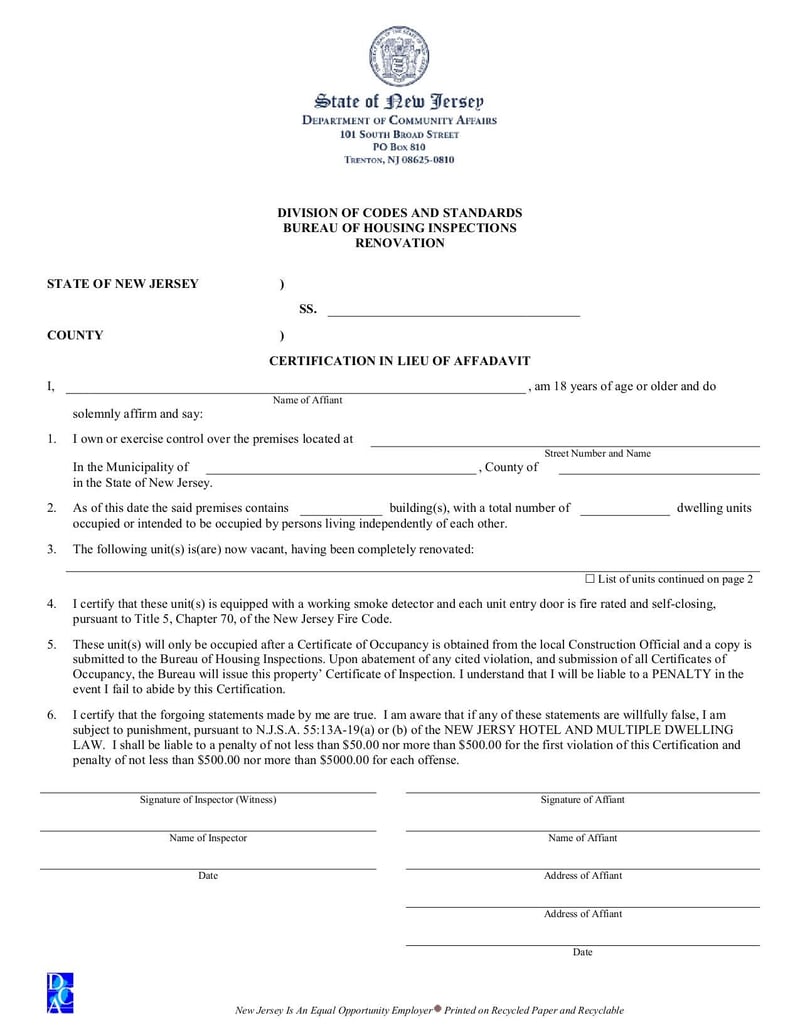 Certification in Lieu of Affidavit | Fill and sign online with Lumin