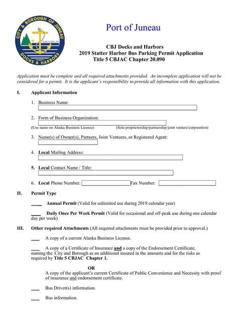 Statter Harbor Bus Permit Application | Fill online with Lumin